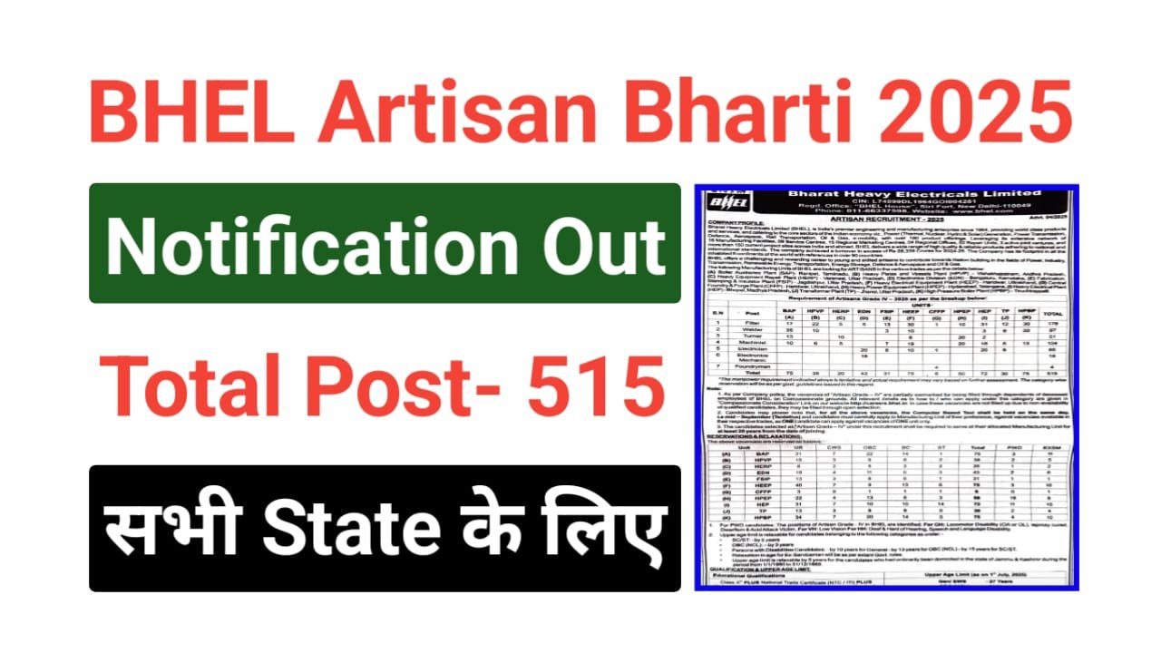 BHEL Artisan Online Form 2025 Post 515 बीएचईएल पार्टीशन भर्ती ...